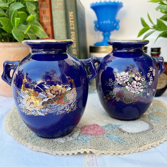 Vintage | Accents | Vintage Cobalt Blue Gold Floral Bird Vase Double ...